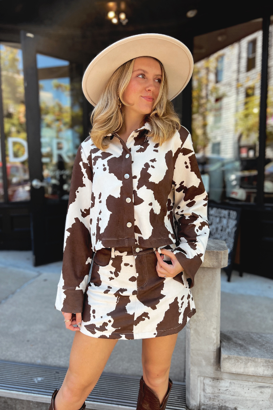 Dakota Cow Print Suede Jacket & Skirt Set – wander boutique